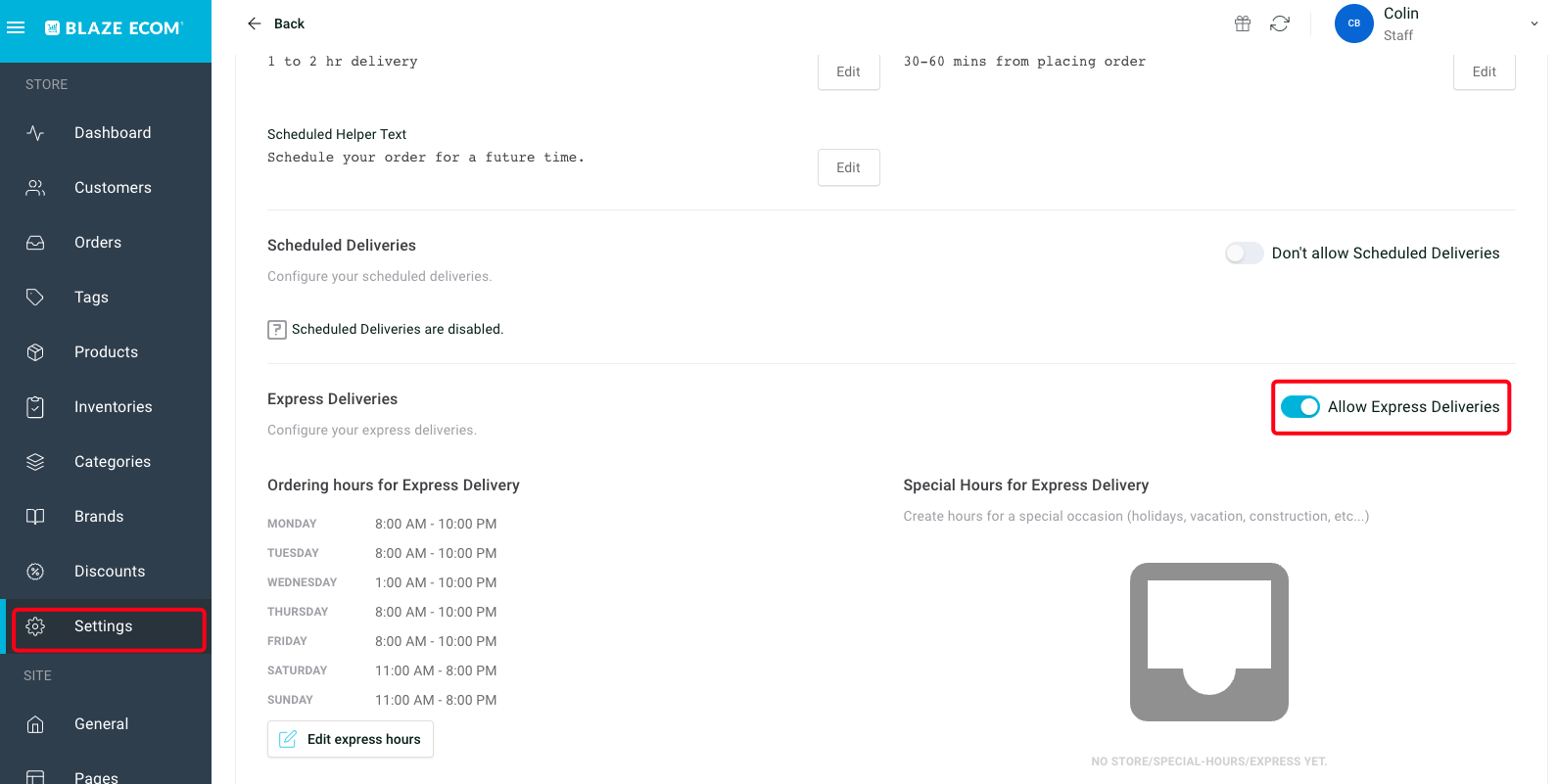 ECOM | Express delivery order schedule settings